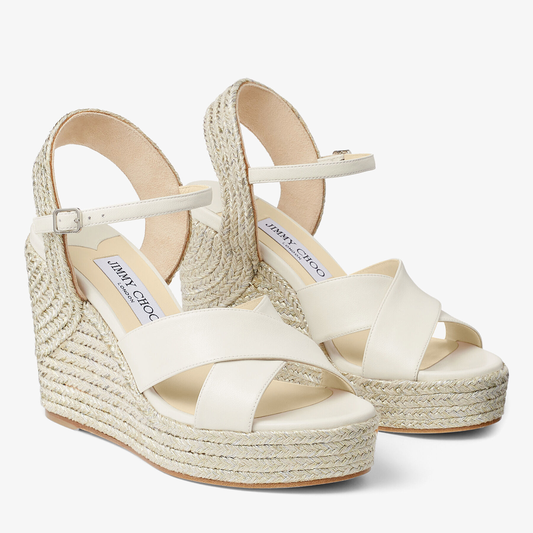 Latte Nappa Leather Wedge with Metallic Rope Trim|DELLENA Latte Nappa Leather Wedge with Metallic Rope Trim|DELLENA